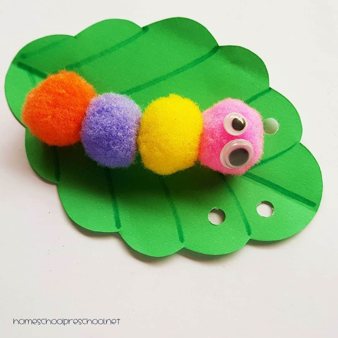 Easy Pom Pom Caterpillar Preschool Craft + Free Leaf Template