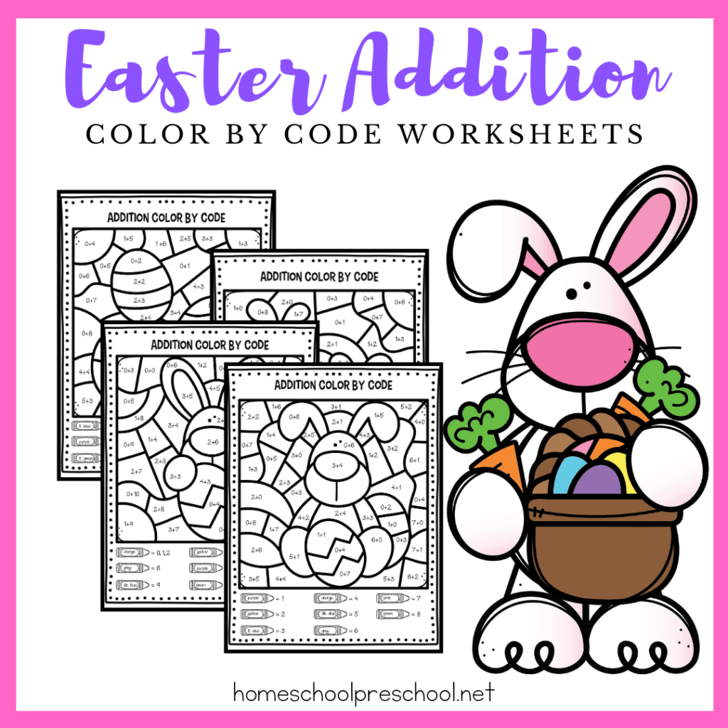 Color by Code Easter Addition Worksheets for Kindergarten