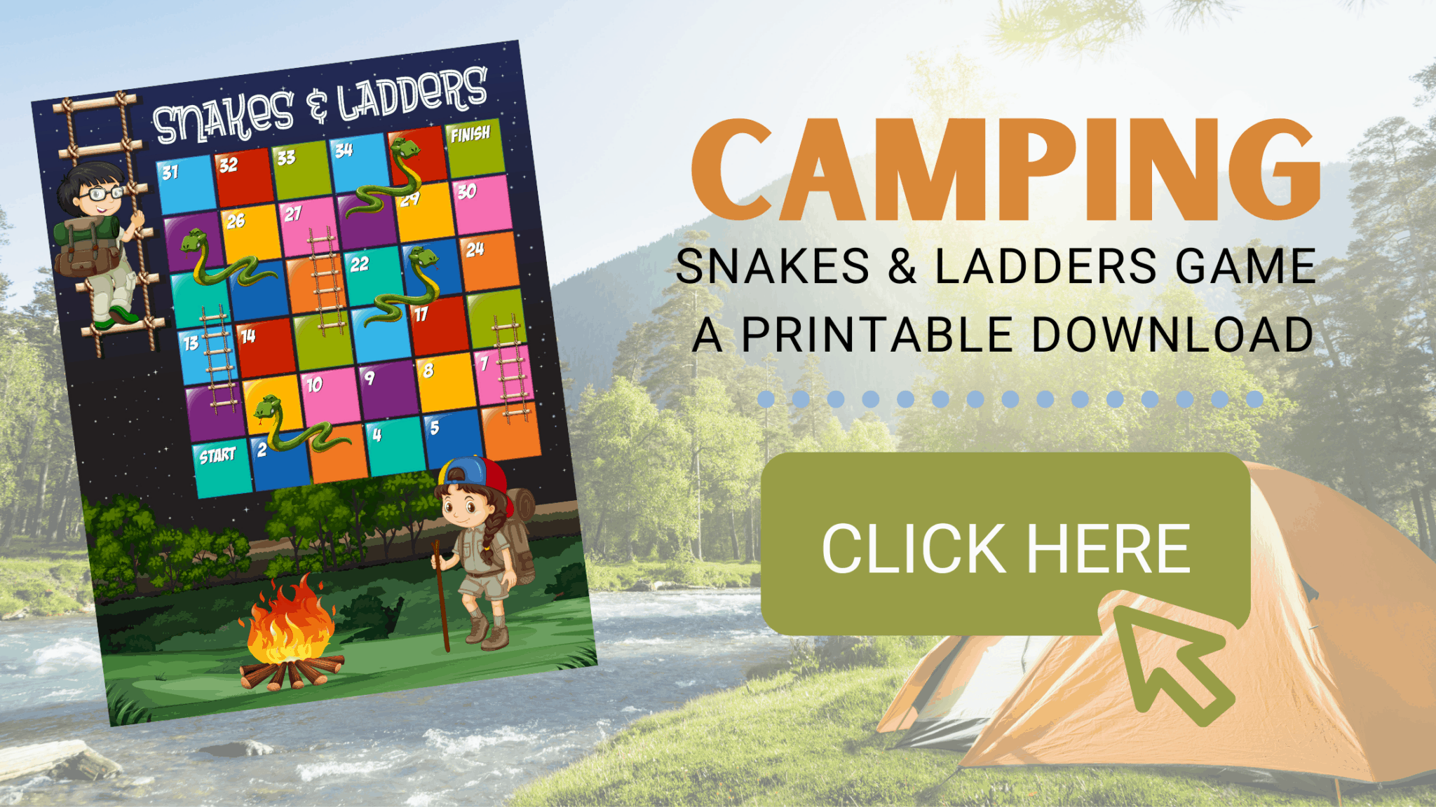 Free Printable Camping Snakes and Ladders Game
