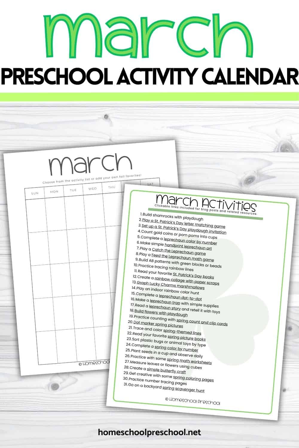 March Preschool Calendar with St. Patrick’s Day & Spring Activities