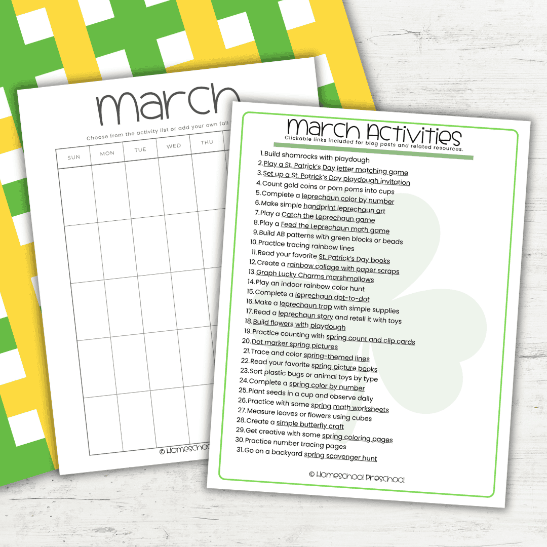 March Preschool Calendar with St. Patrick’s Day & Spring Activities