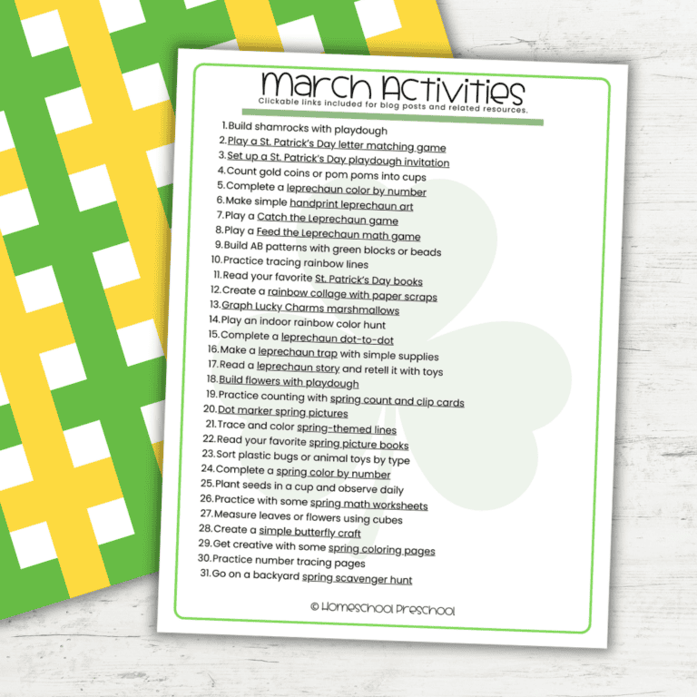 March Preschool Calendar with St. Patrick’s Day & Spring Activities