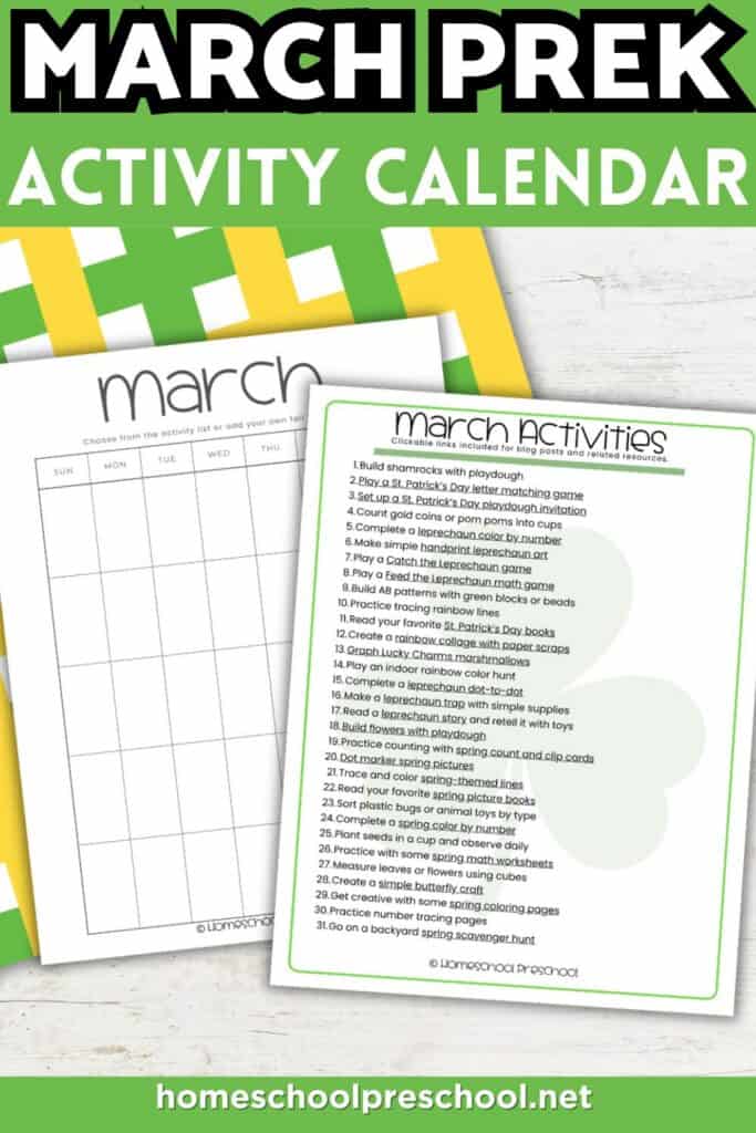 March Preschool Calendar with St. Patrick’s Day & Spring Activities
