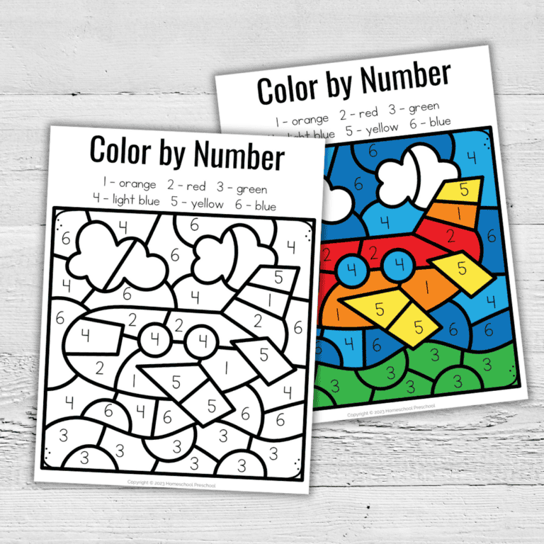 Color by Number Airplane Worksheet for Preschoolers