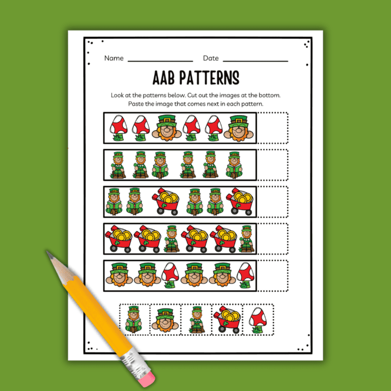 Fun Leprechaun AAB Pattern Worksheets for Kids