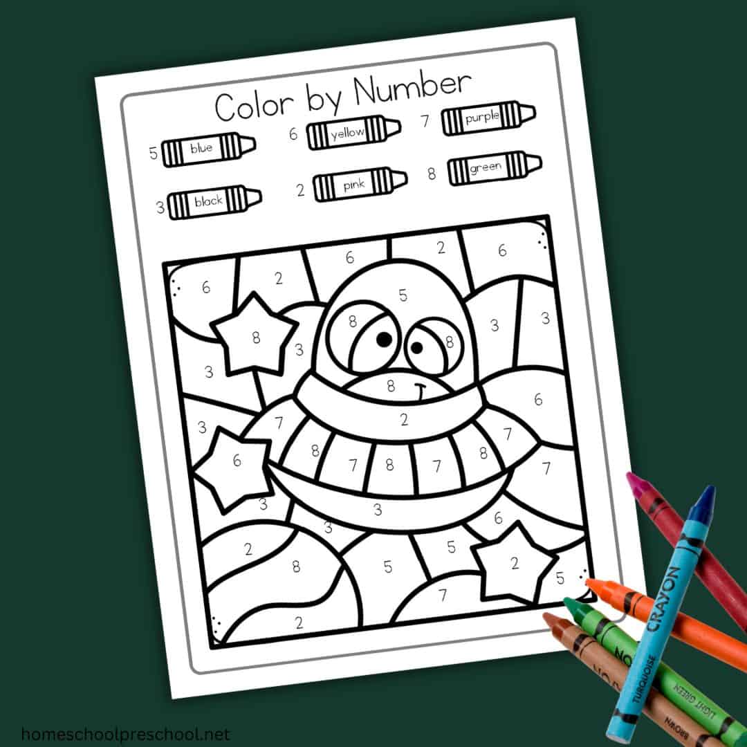 Fun Alien Color by Number Worksheets for Preschoolers
