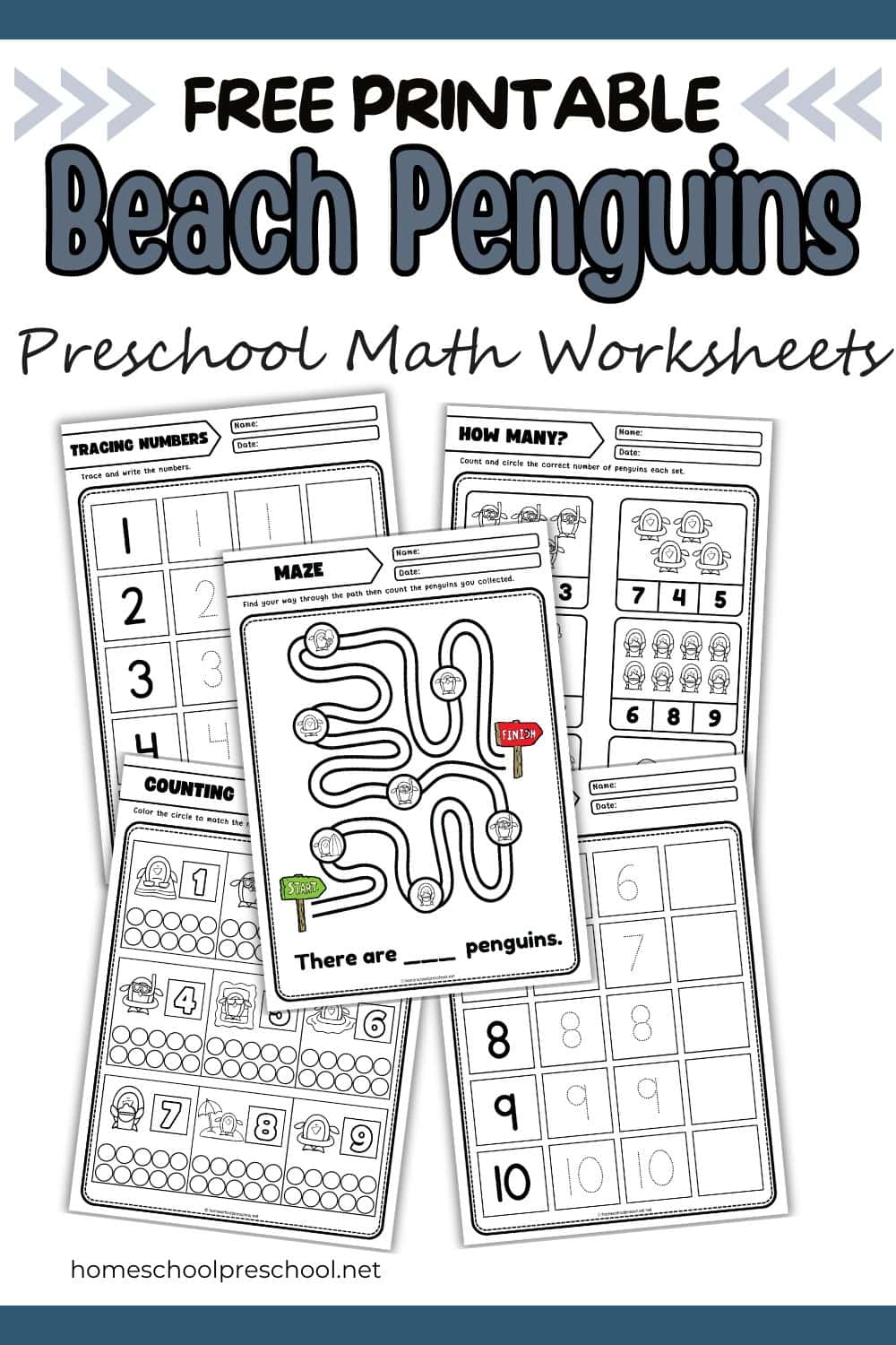 Free Beach Penguins Math Worksheets for Preschool Fun!