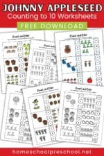 Johnny Appleseed Counting Worksheets for Preschool