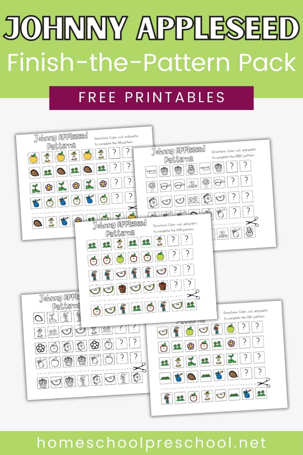 Johnny Appleseed Patterns Worksheets for Preschoolers