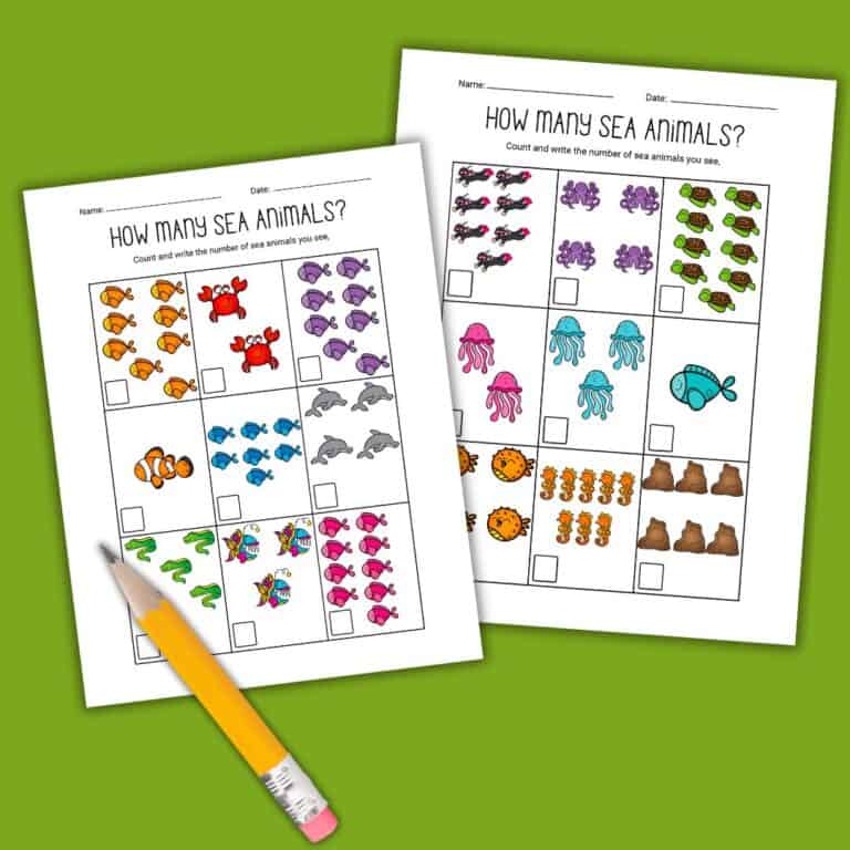 Counting Sea Animals Worksheets for Preschoolers