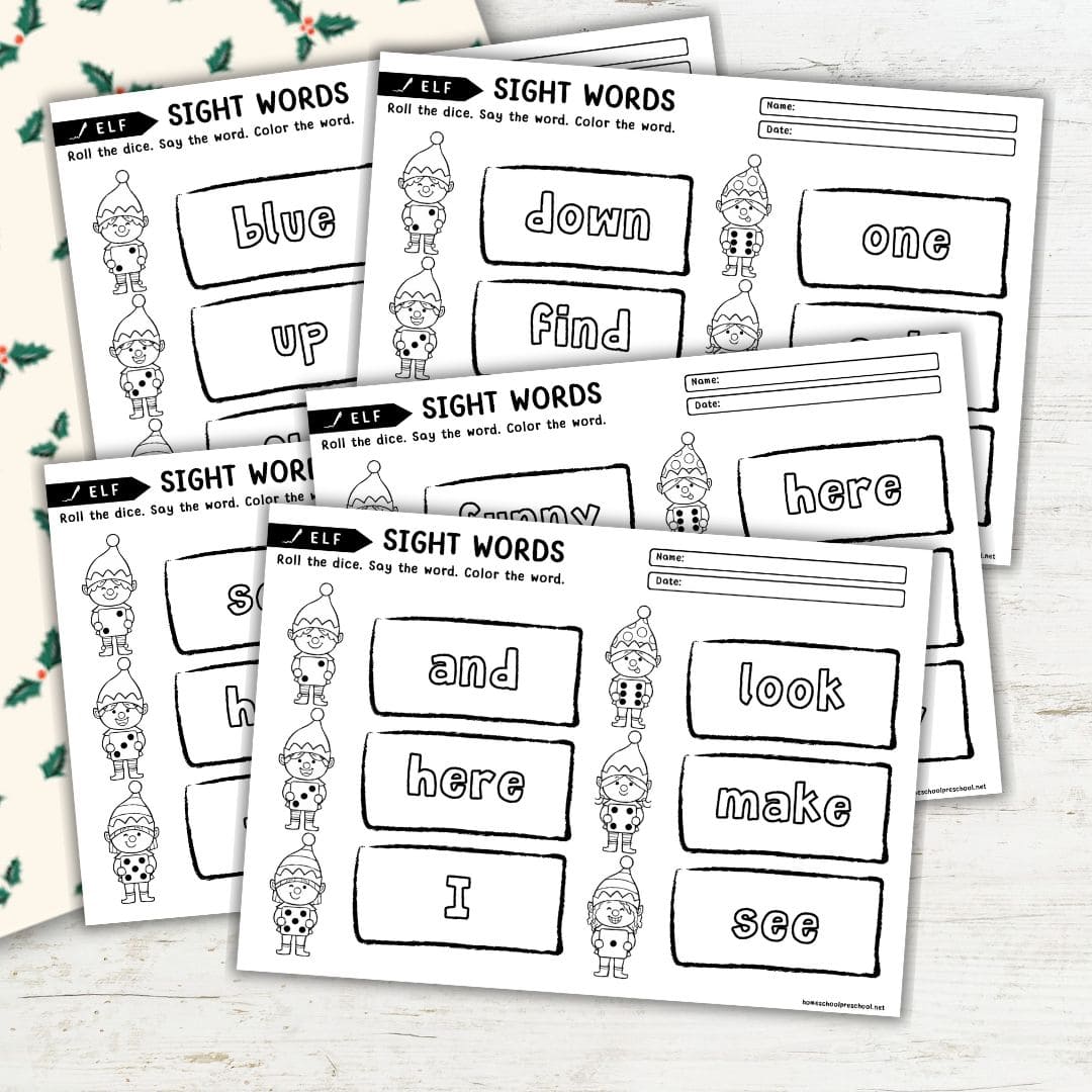 Free Elf Sight Word Worksheets for Preschool Holiday Learning