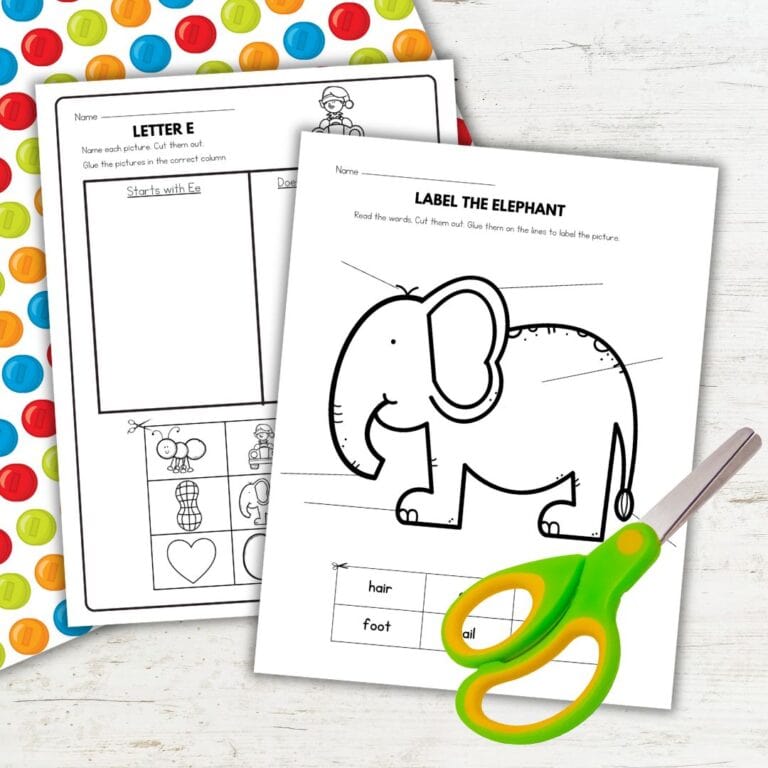 Letter E Cut and Paste Worksheets for Early Learners
