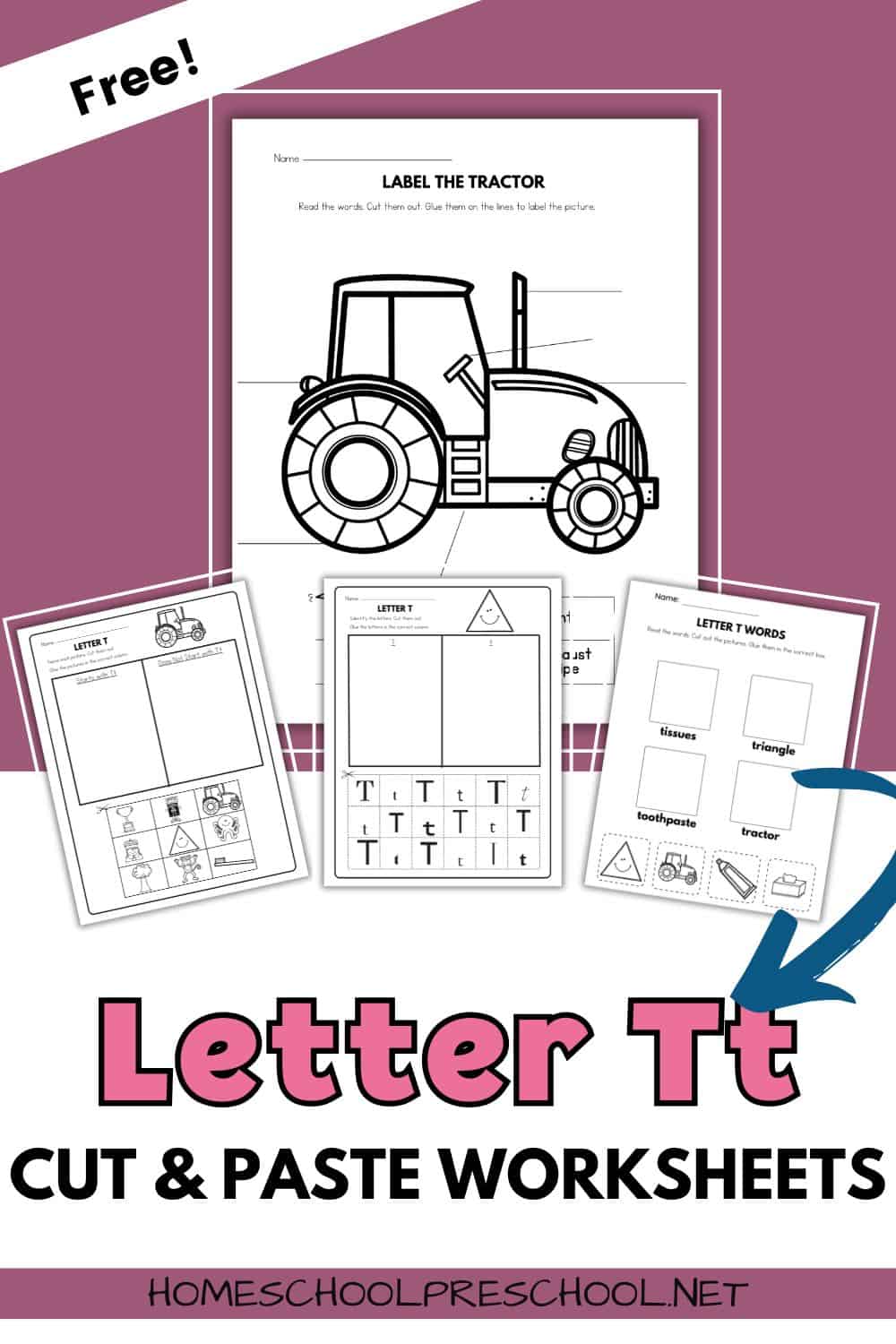 Letter T Cut and Paste Worksheets for Preschool Kids