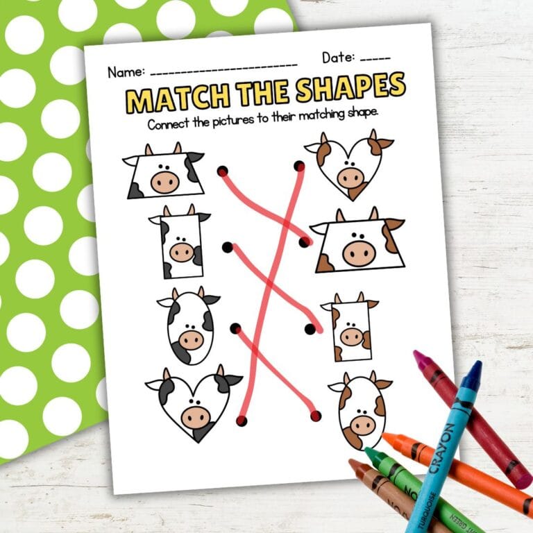 Cow Shape Matching Worksheets for Preschool & Kindergarten