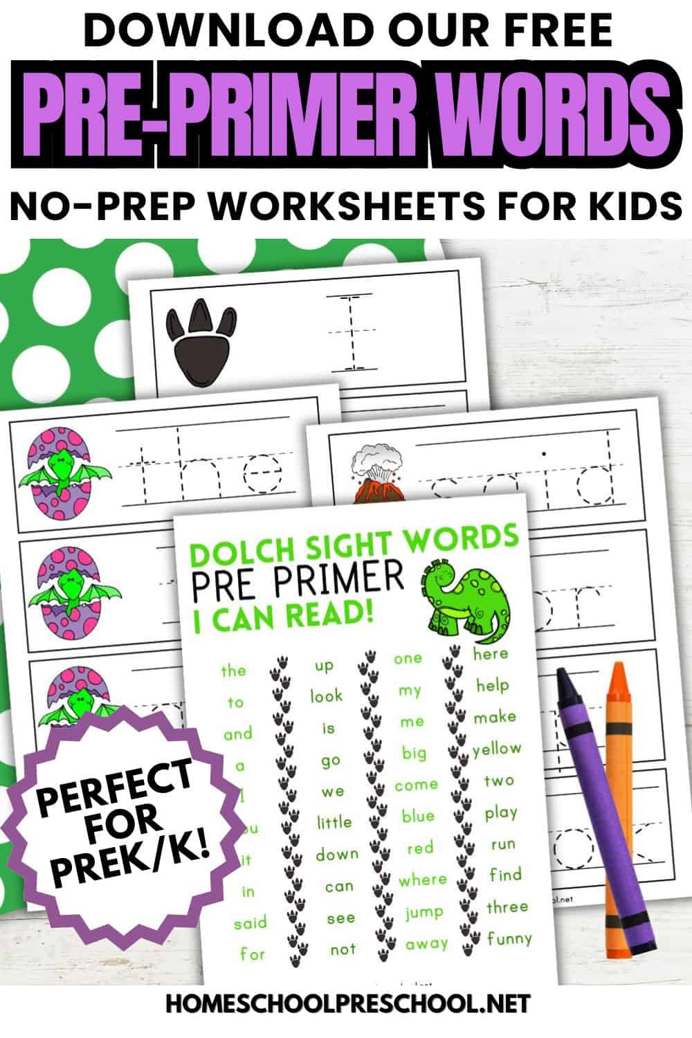 Pre Primer Sight Words Printable for Preschoolers