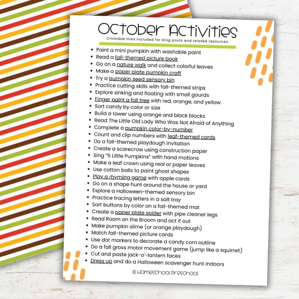 Preschool Activity Calendar for October | Free Printable
