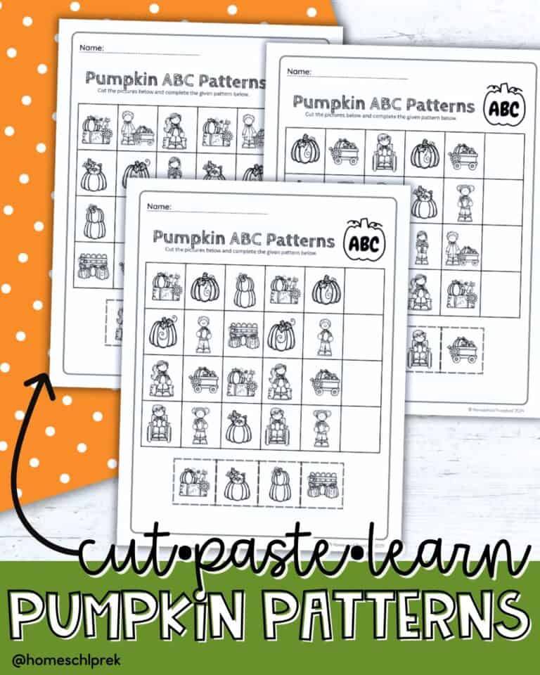 PreK Pumpkin ABC Pattern Worksheets | Cut & Paste Fall Math