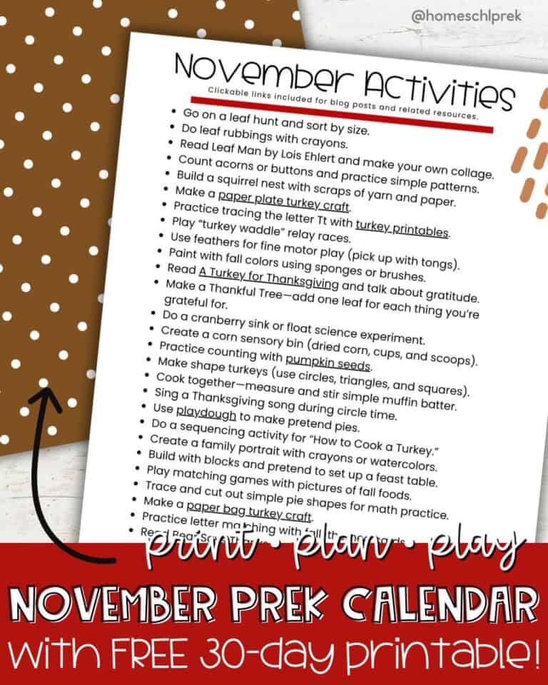 Free Printable Preschool Activity Calendar for November