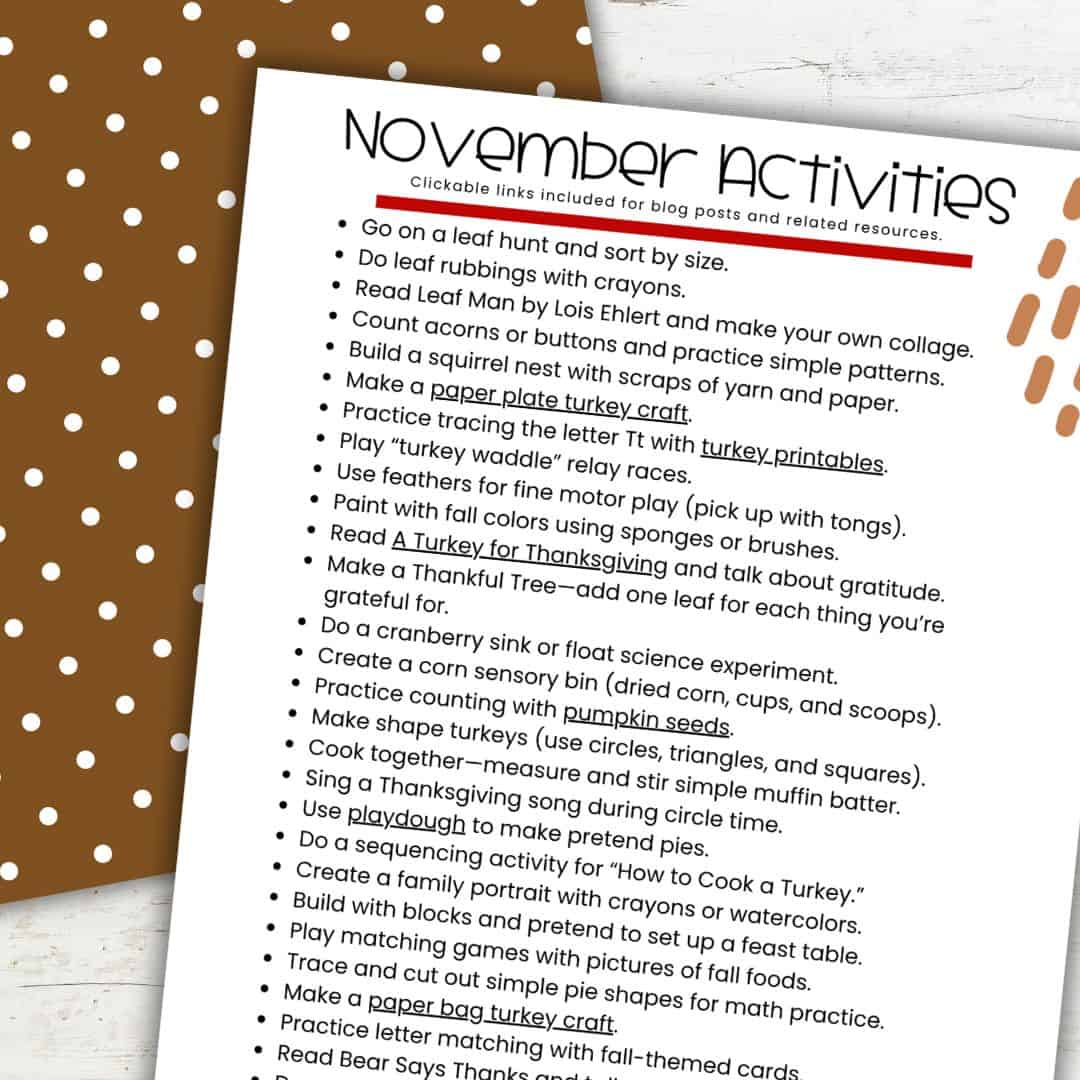 Free Printable Preschool Activity Calendar for November