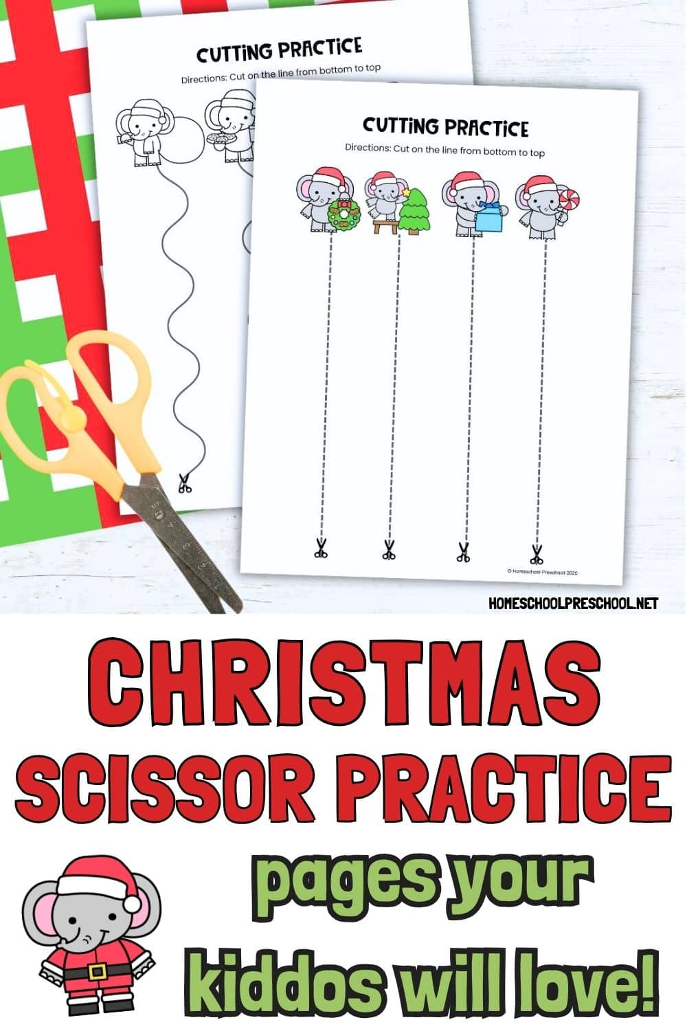 Christmas Elephant Scissor Practice Printable for Preschoolers