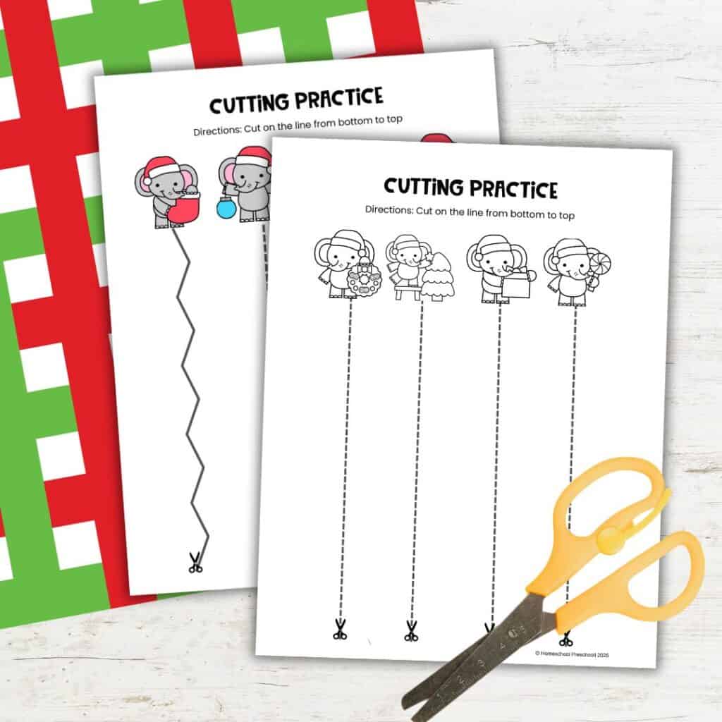 Christmas Elephant Scissor Practice Printable for Preschoolers