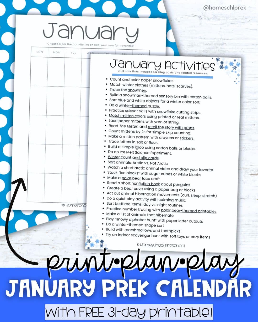 January Preschool Activity Calendar (Free Printable!)