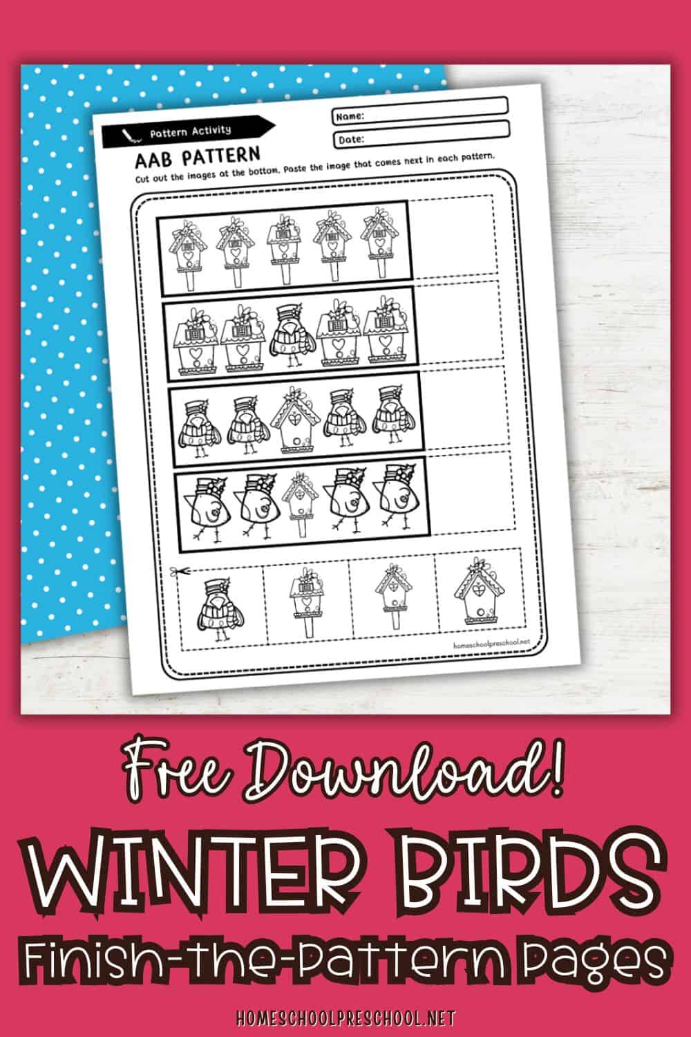 Winter Birds Pattern Pages: Free Printable Preschool Worksheets