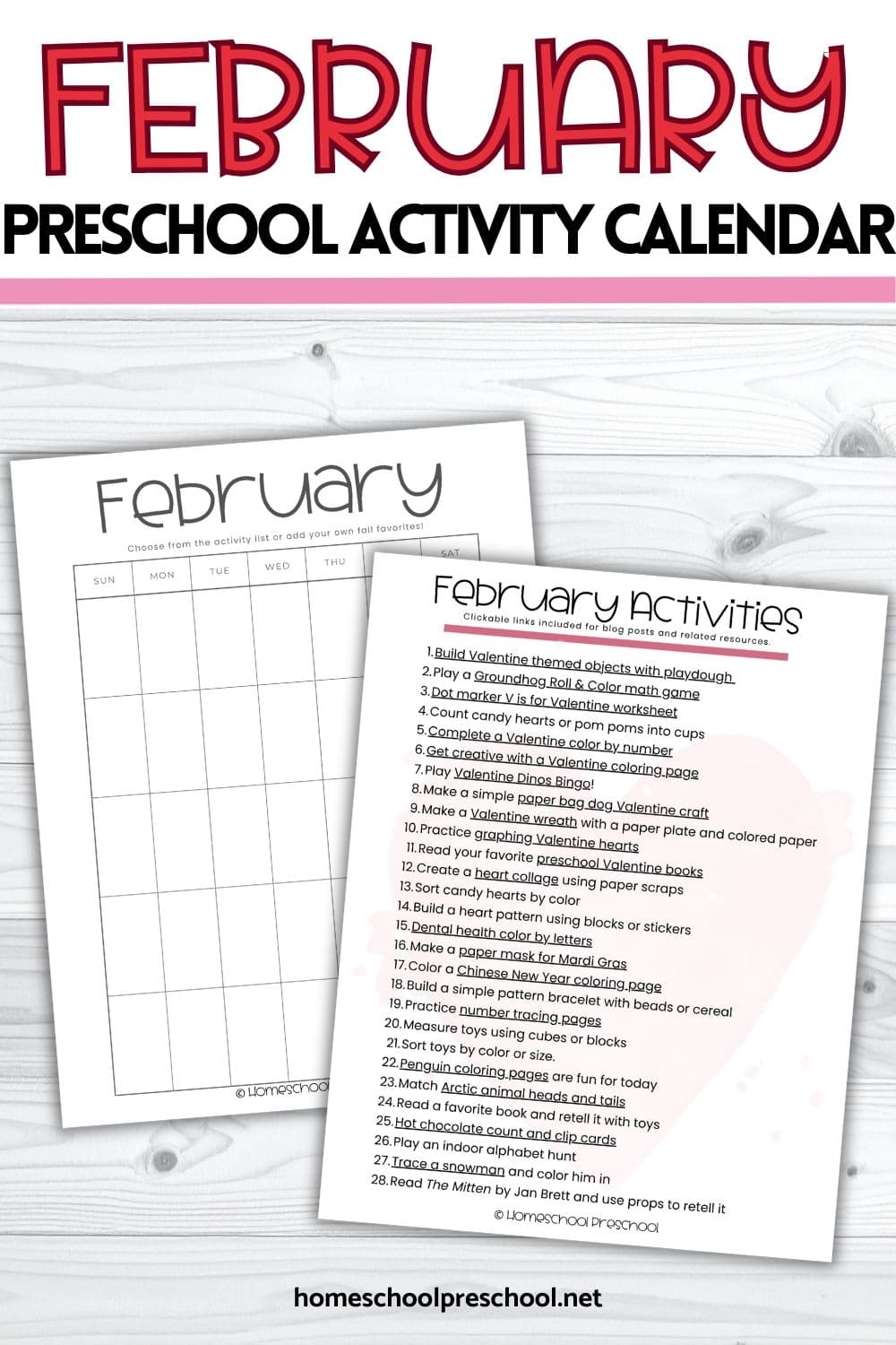 Preschool February Activities Calendar for Busy Parents