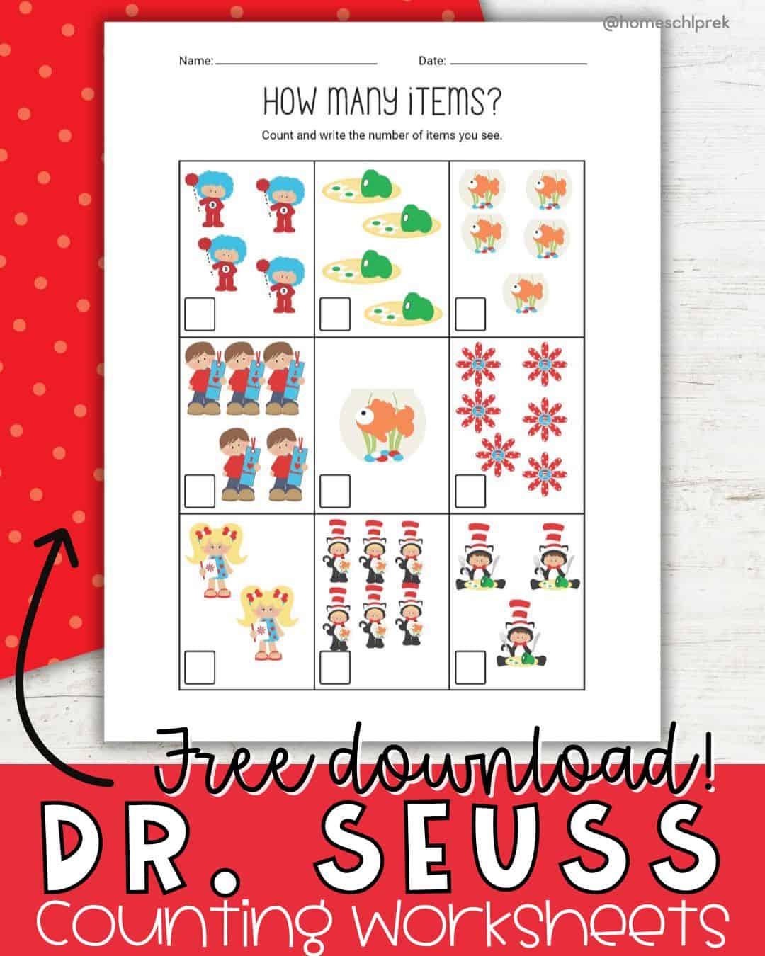 Dr Seuss Counting Worksheets for Preschool