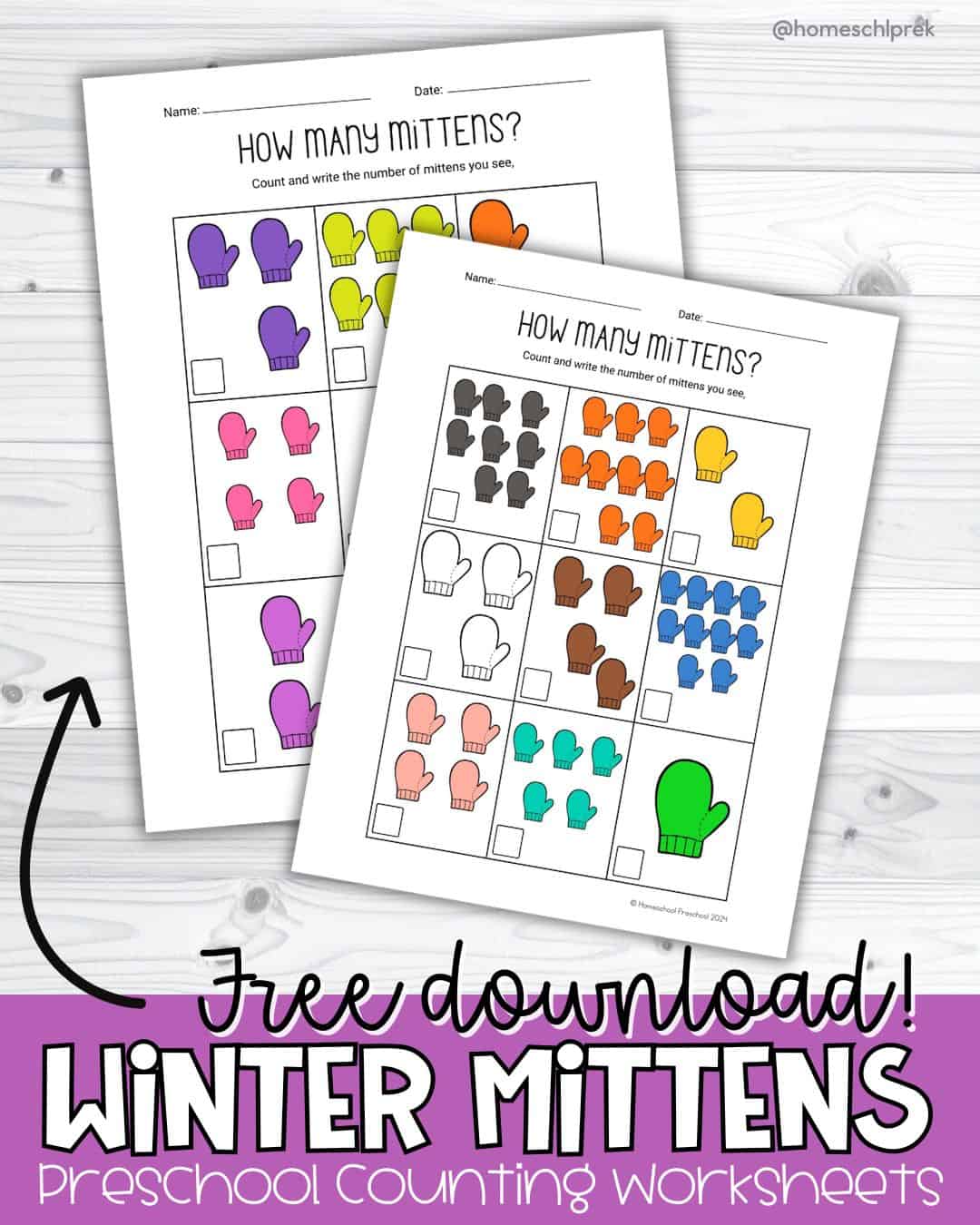 Mitten Counting Worksheets for Preschool