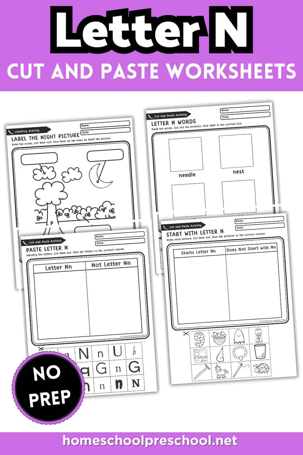 Letter N Cut and Paste Worksheets for Preschool