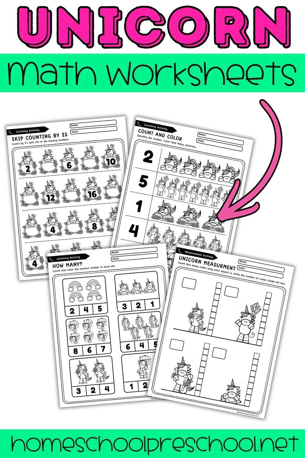 Unicorn Math Worksheets for Preschoolers (Free Printable)